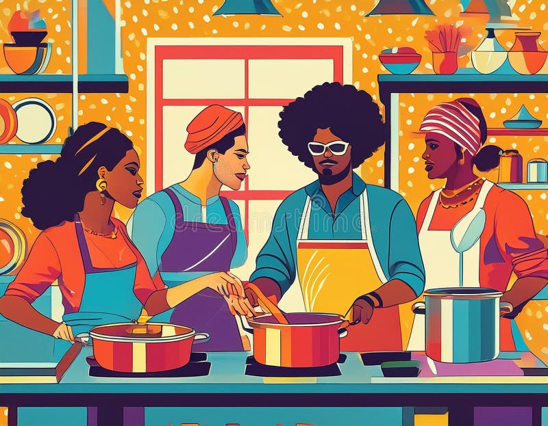 Diverse People Cooking in 1960s Retro Kitchen Pop Art Style Stock ...