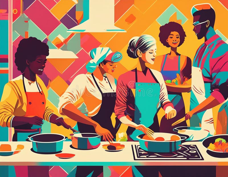 Diverse People Cooking in 1960s Retro Kitchen Pop Art Style Stock ...