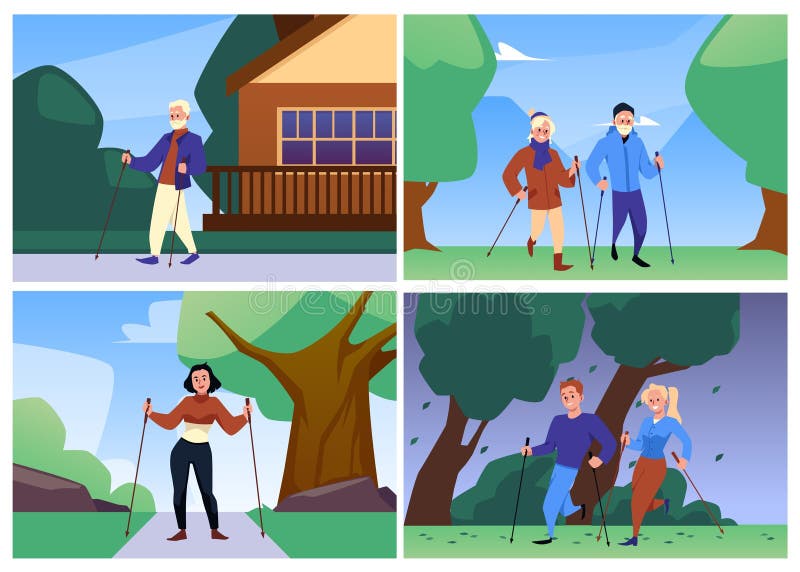 Diverse People Doing Nordic Walking, Set of Scenes in Flat Style ...