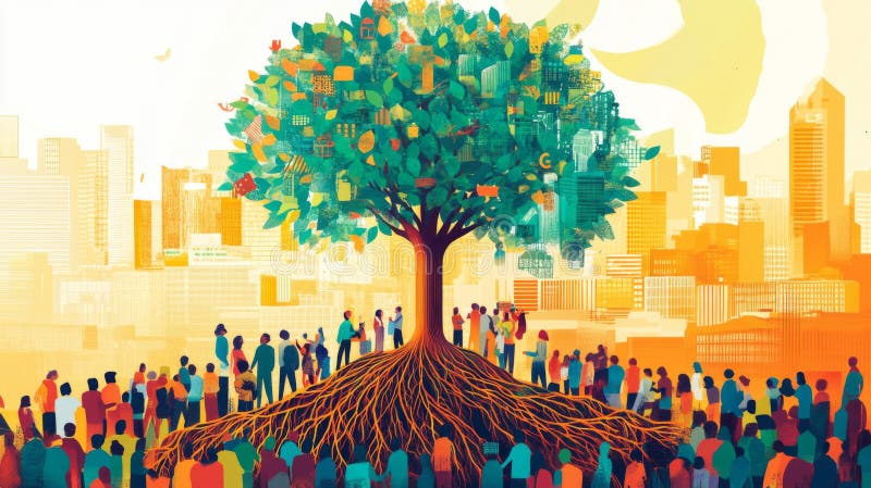 Diverse People Gathering Around a Vibrant Tree in a City Setting Stock ...