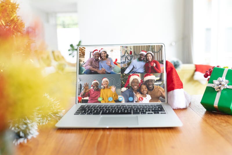 Diverse People Having Christmas Video Call on Laptop Screen Stock Image ...