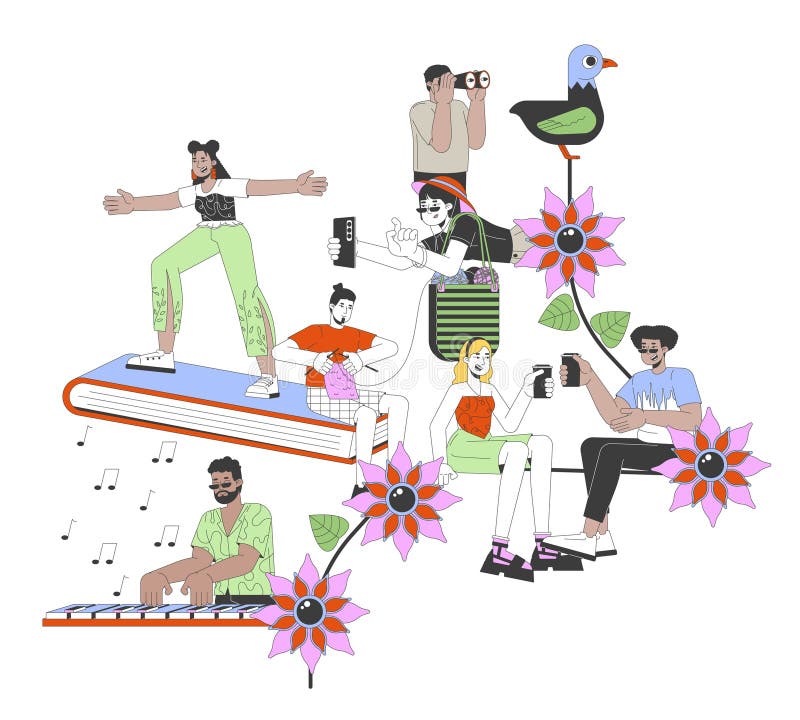 Diverse People Hobbies 2D Linear Illustration Concept Stock ... Diverse People Hobbies 2D Linear Illustration Concept Stock ...