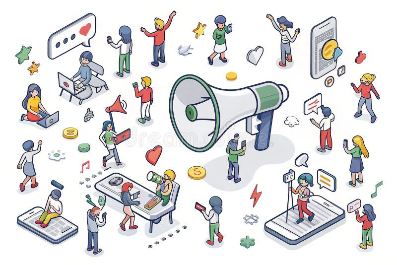 Diverse People Interacting, Social Media, Megaphone, Digital ...