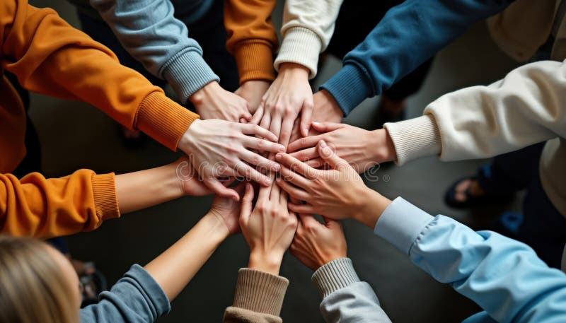 Diverse People Join Hands in Circle. Hands Stack Together in Symbol of ... Diverse People Join Hands in Circle. Hands Stack Together in Symbol of ...
