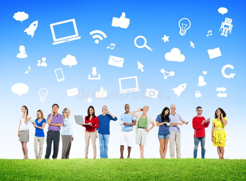 Diverse People Using Digital Devices with Social Media Symbols Stock ...