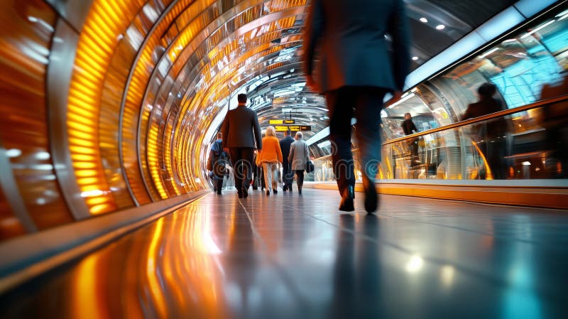 Diverse People Walking in Same Direction through Shiny Tunnel with ...