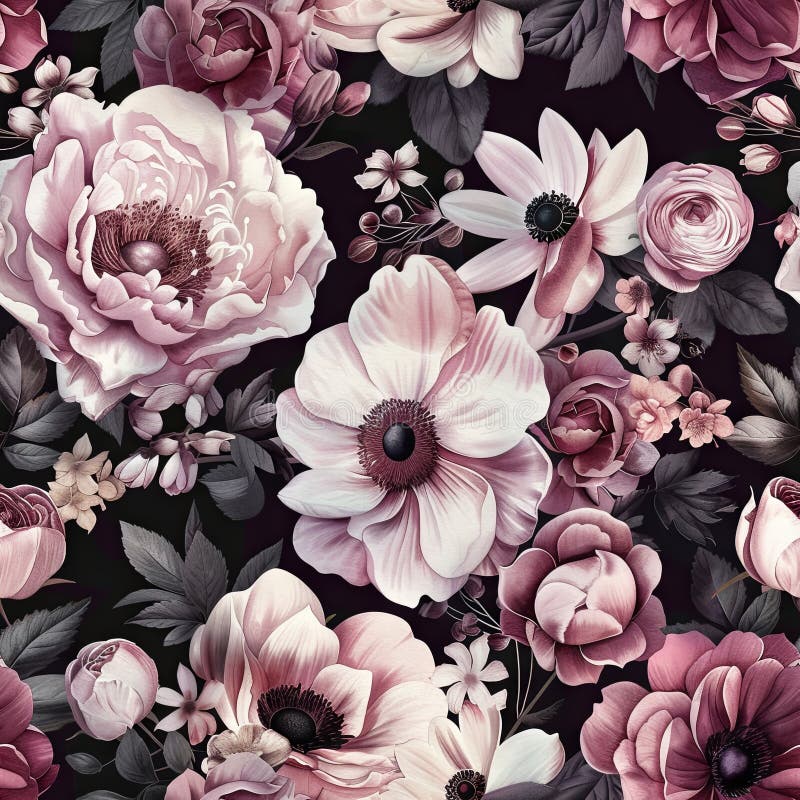 Diverse Pink Flowers Adorn Dramatic Dark Background with Botanical ...