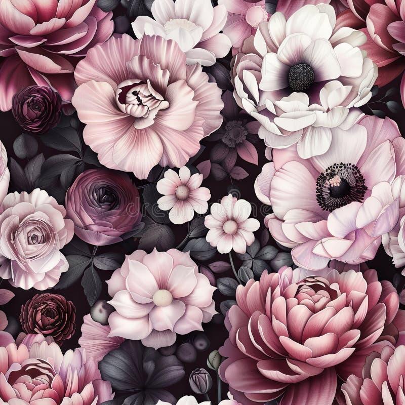 Diverse Pink Flowers Adorn Dramatic Dark Background with Botanical ...