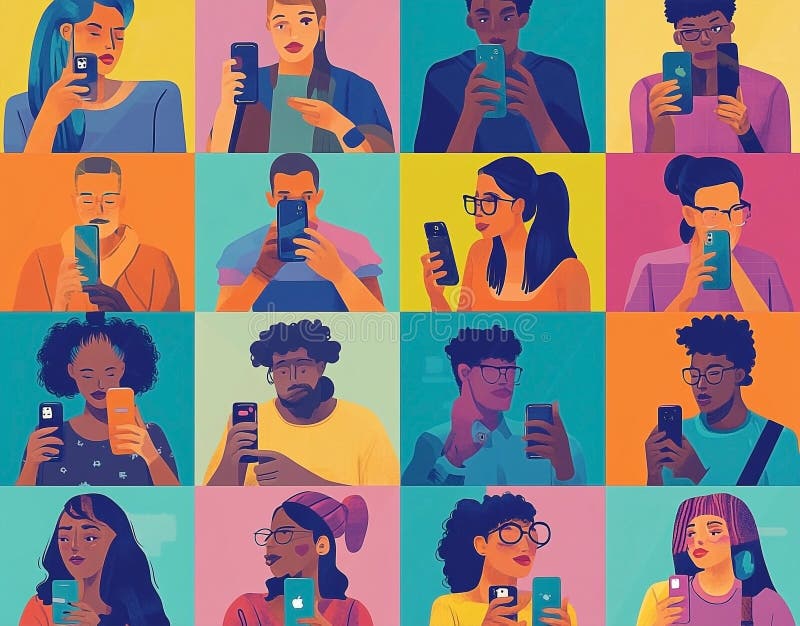 Diverse Portraits People Using Their Smartphones Colorful Grid Pattern ...