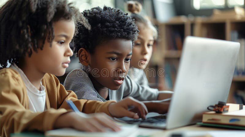 Diverse Primary School Children Collaborating on a Laptop during ...