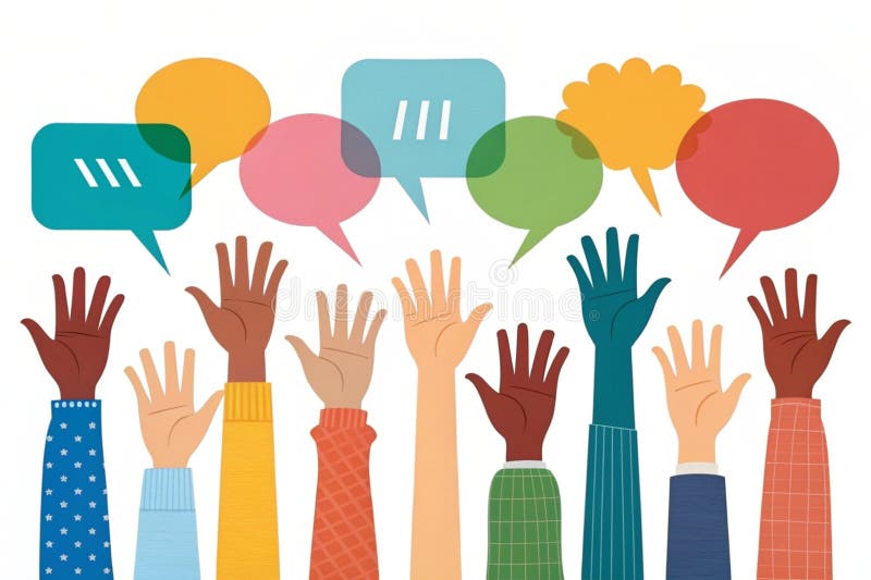 Diverse Raised Hands with Colorful Speech Bubbles Representing ...
