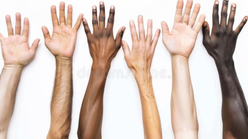 Diverse Raised Hands Showing Unity in Multiculturalism Stock ...