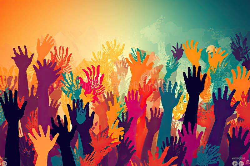 Diverse rised hands stock illustration. Illustration of audience ...