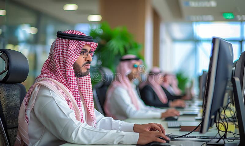 Diverse Saudi Professionals at Sleek Modern Office Workstations Elegant ...