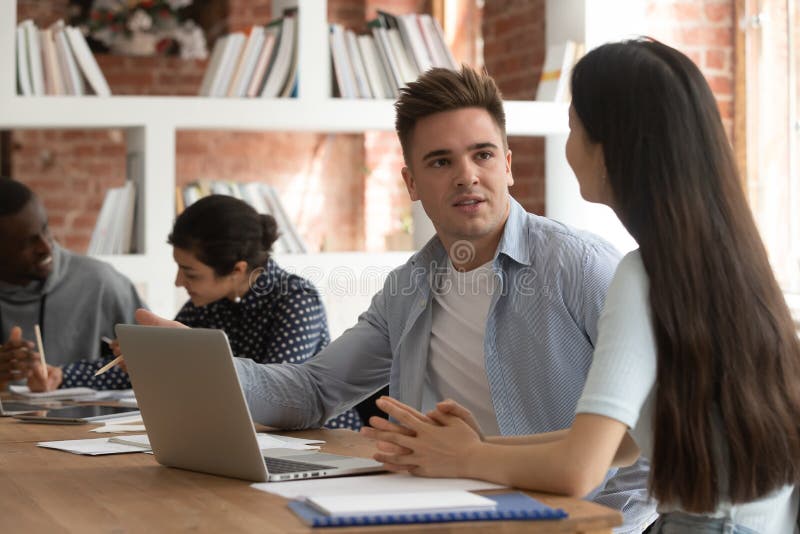 Diverse Students Talk Work on School Assignment Together Stock Image ...