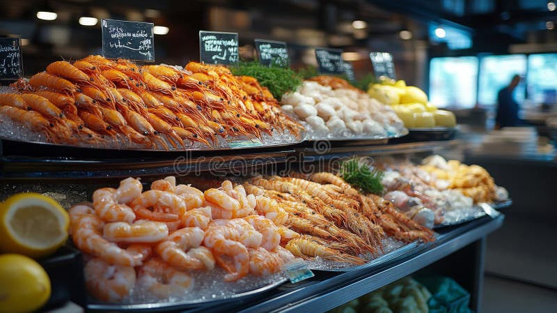 Diverse Seafood Display at Bustling Market Stall Stock Photo - Image of ...