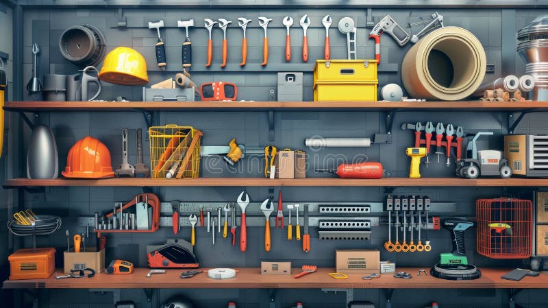 Diverse Selection of Building Materials and Tools Organized on a Shelf ...