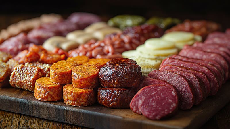 Diverse Selection of Cured Meats and Cheeses on a Wooden Platter Stock ...