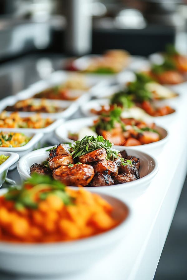 Diverse Selection of Restaurant Dishes Presented in Bowls on a Neutral ...