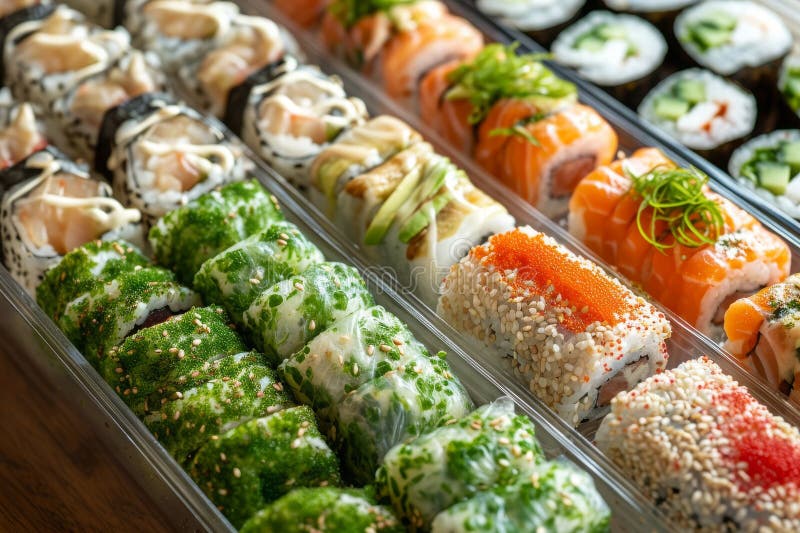 Diverse Selection of Sushi in Display Case, Assortment of Sushi Rolls ...