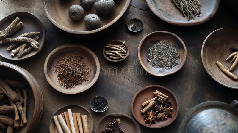 Diverse Selection of Traditional Dried Herbs and Spices in Wooden Bowls ...