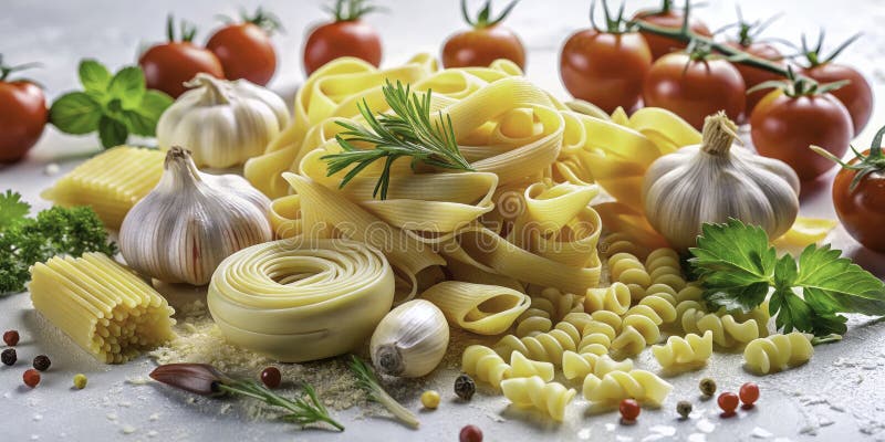 Diverse Selection of Uncooked Pasta and Fresh Ingredients for an ...