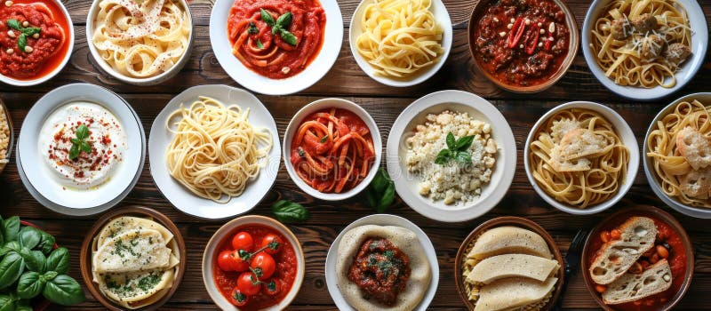 Assorted Pasta Spread on Table Stock Image - Image of cooking, food ...