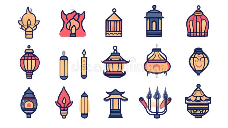 Diverse Set of Cartoon Lanterns and Candles for Decoration Elements ...