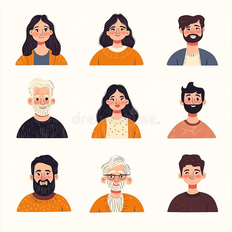 A Diverse Set of Nine Flat-style Avatar Illustrations of People with ...