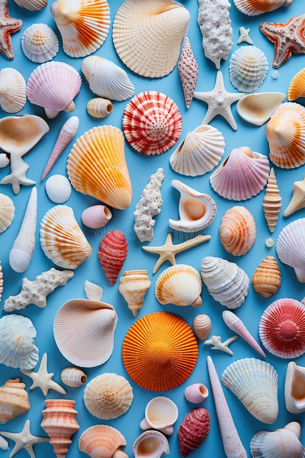 A Diverse Set of Sea Shells of Various Shapes and Sizes on a Blue ...