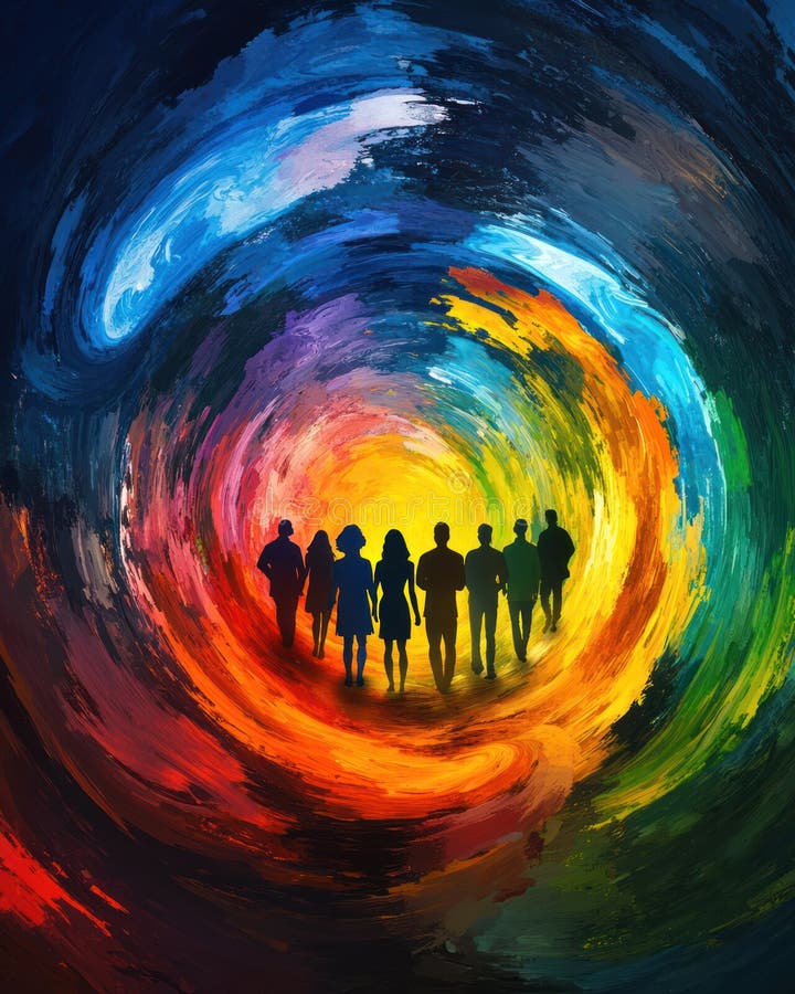 Diverse Silhouetted People in Swirling Colors Symbolizing Global Unity ...