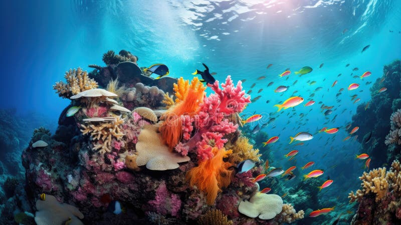 Diverse Soft Corals and a Shoal of Fish in a Tropical Reef Stock ...