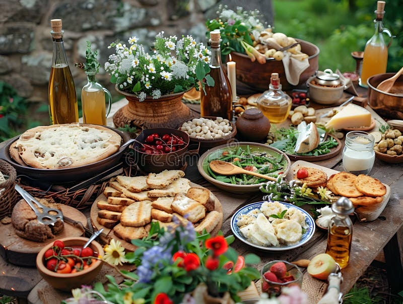Rustic Outdoor Feast with Various Food and Drinks on Wooden Table Stock ...