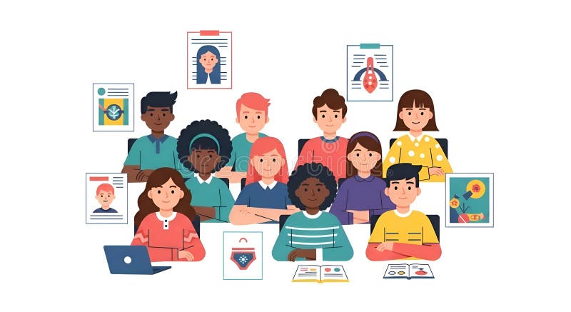 Diverse Student Group Collaborative Project: Vibrant Illustration of ...