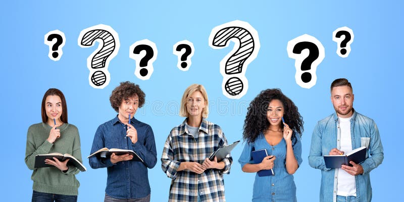 Diverse Student Group with Notebooks and Question Marks Stock Photo ...
