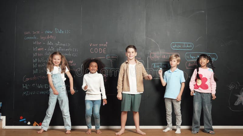 Happy Diverse Student Raising Hands Up while Standing at Blackboard ...