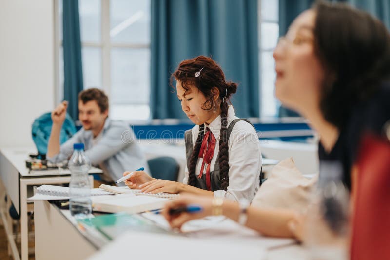 Diverse Students Attentively Listening in a Classroom Setting Stock ...