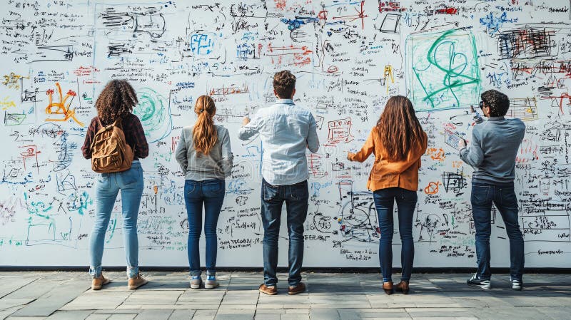 Diverse Students Brainstorming on Giant Whiteboard Teamwork ...