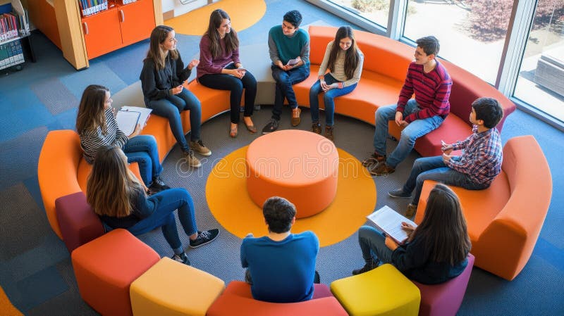 Diverse Students in a Circle, Engaged in Discussion, Library Setting ...