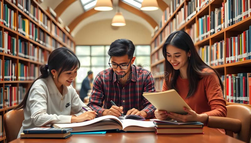 Diverse Students Collaborate in a Bright Library Stock Illustration ...