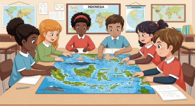 Diverse Students Collaborate on Indonesia Map Puzzle in Classroom ...