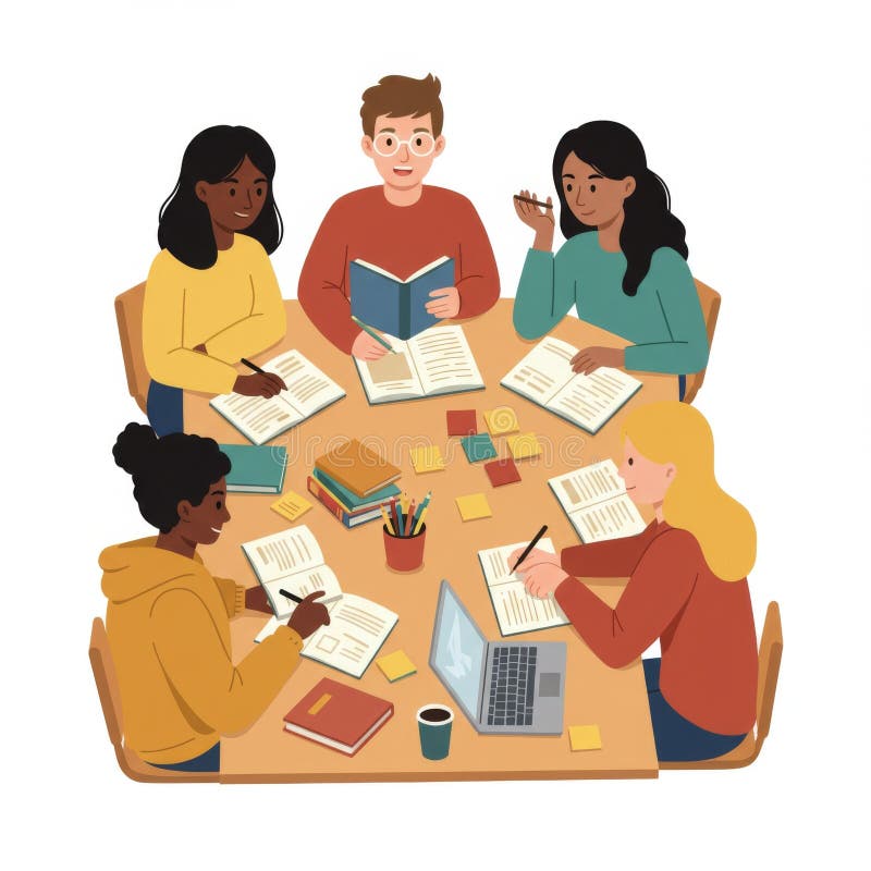 Diverse Students Collaborate on a Study Project Stock Illustration ...