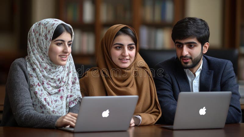 Diverse Students Collaborating on Laptops in a Library Setting Stock ...