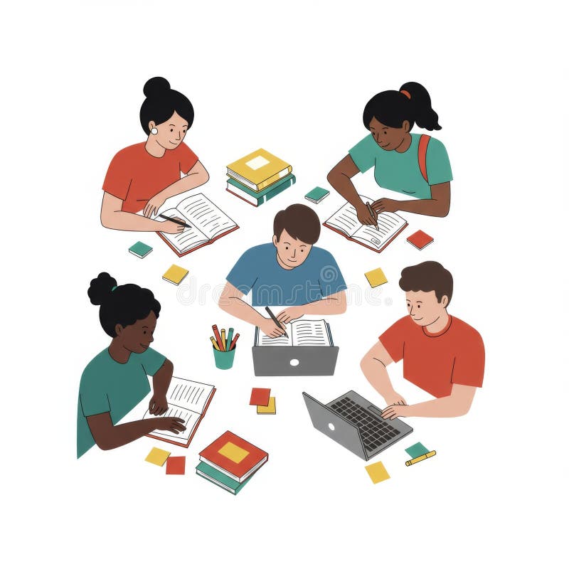 Diverse Students Gather Around Table Studying Books and Laptop in ...