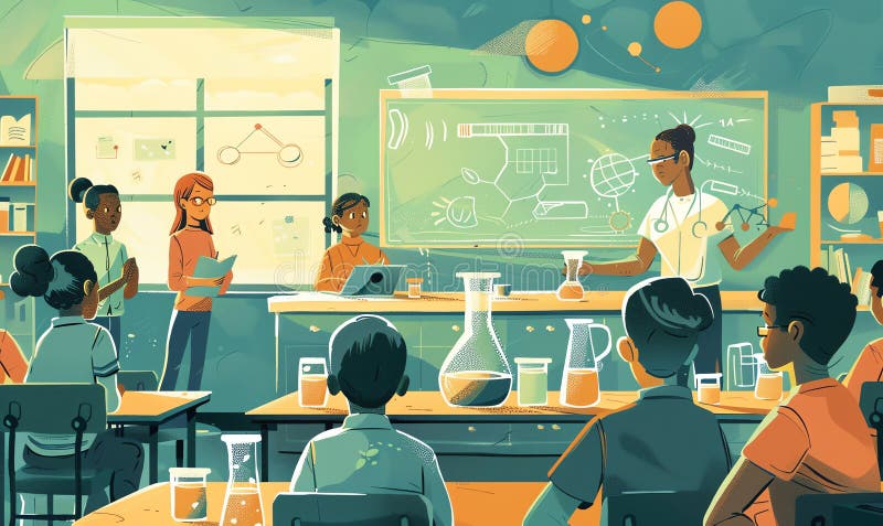 Diverse Students Learn Science in a Colorful Classroom Focused on a ...