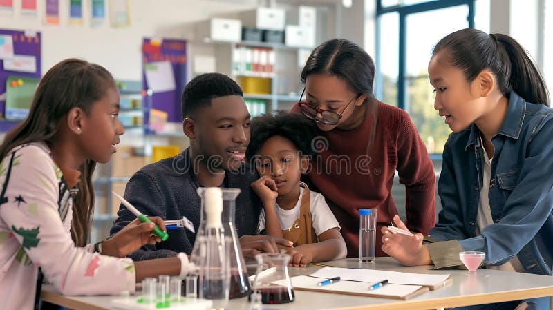 Diverse Students Learning Science in Classroom Stock Illustration ...