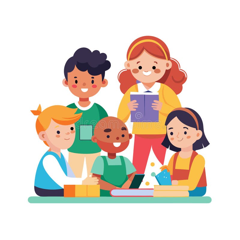 Diverse Students Learning Together, Reading Books, Vector Illustration ...