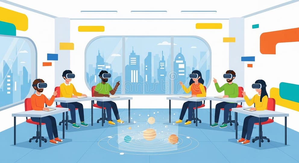 Diverse Students in a Modern Classroom Using VR Headsets Engage with a ...