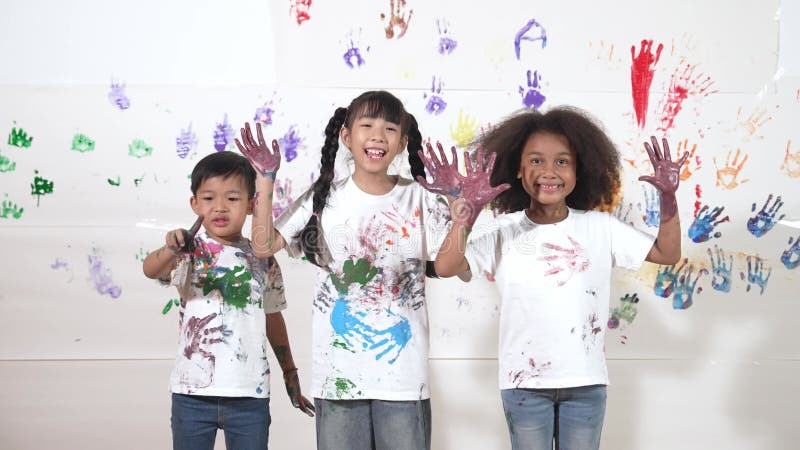 Diverse Students Put Hands Up Together Show Colorful Stained Hands ...