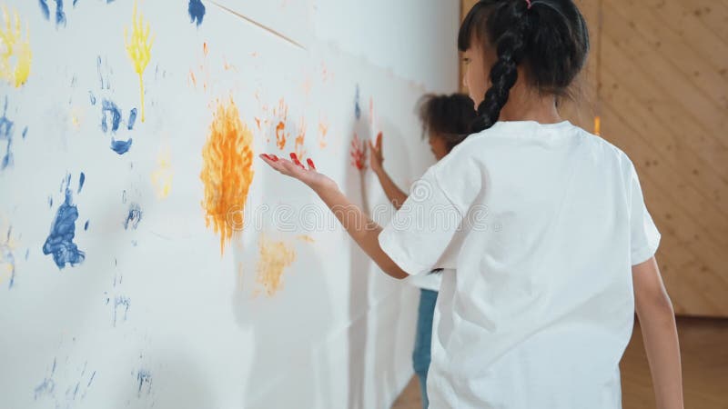Diverse Students Put Hands Up Together Show Colourful Stained Hands ...